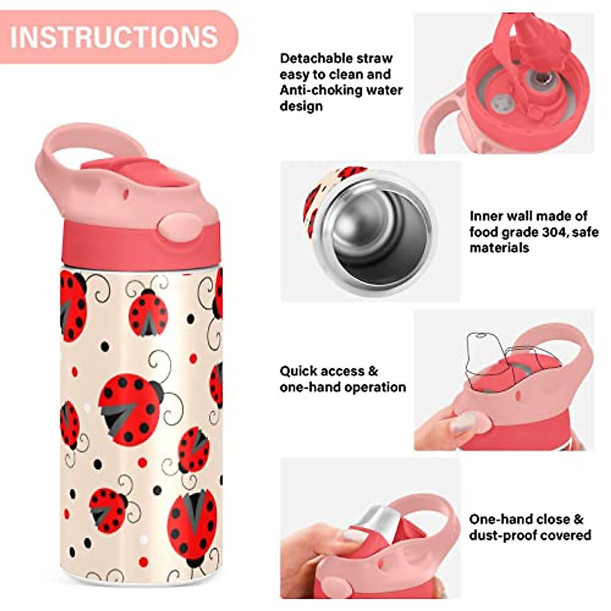 ALAZA Cute Ladybug Polka Dot on Pink Kids Water Bottles with Lids Straw Insulated Stainless Steel Water Bottles Double Walled Leakproof Tumbler Travel Cup for Girls Boys Toddlers 12 oz,Pink