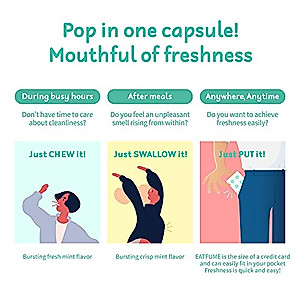 EATFUME Breath Freshener - Vegetarian capsules for mouth and gut, Individual Pack | Bad Breath Saver with Natural Fruity Peppermint, Rosemary, Lemon Oils (4 Flavors, 0.6oz) (4 Pack)