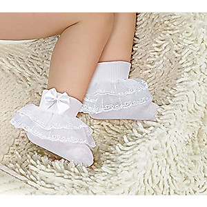 CozyWay Toddler Socks Lace Ruffle Baby Girl Socks Frilly Eyelet Trim Ankle Dress Socks 0-6 Months Multi Color - 3 Pack