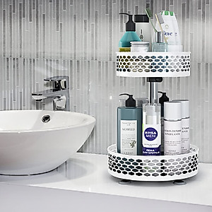 LBW Lazy Susan Organizer, 2 Tier Spice Turntable Organizer for Cabinet with Metal Sell, 10.2''Lx13.9''H Adjustable Spice Rack for Kichen Bathroom Table, White