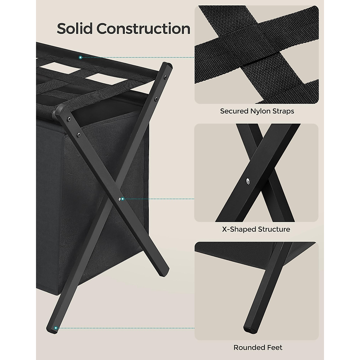 SONGMICS 2 Pack Luggage Rack with Removable Laundry Bag, Set of 2 Suitcase Stands for Guest Room, Foldable for Space-Saving Storage, Steel Frame, Hotel, Bedroom, Black URLR005B02