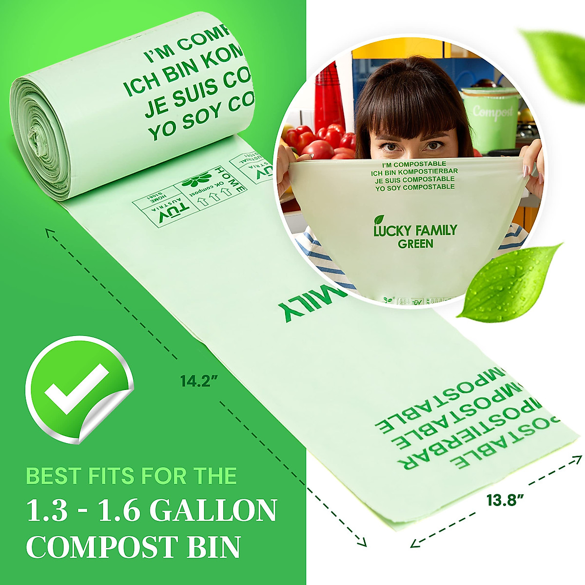Lucky Family Green Compost Bags for Kitchen Countertop Bin -1.3 gallon trash bags to 1.6 Gallon trash bags - 100% Compostable Trash Bags for Food Waste, Organic Biodegradable Bags