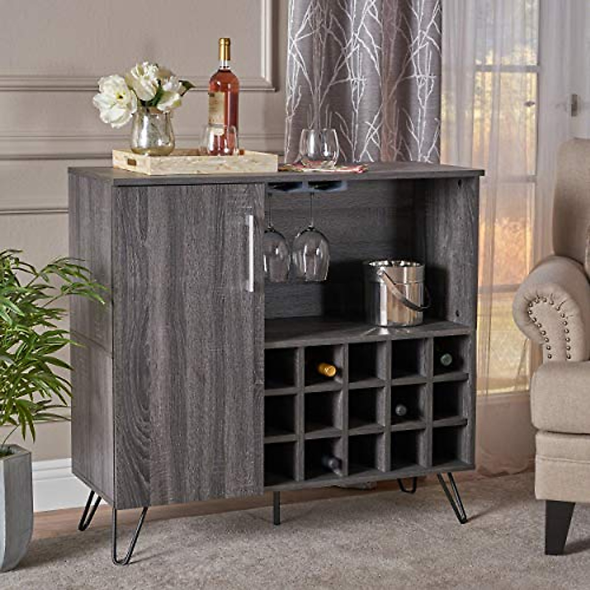 Christopher Knight Home Lochner Mid-Century Faux Wood Wine and Bar Cabinet, Black / Sonoma Grey Oak Finish