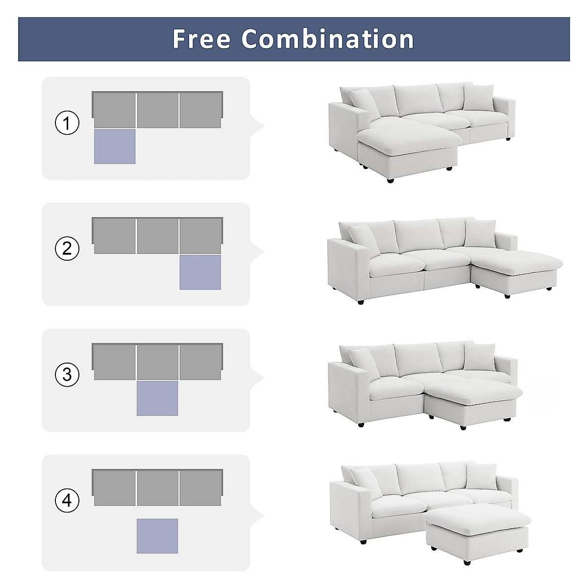 Tmsan 100.4" Modular Sectional Sofa Cloud Couch for Living Room, Modern Convertible L Shaped Couch Set with Ottoman, 4 Seater Polyester Fabric Sofa with 2 Pillows for Apartment Office (White)