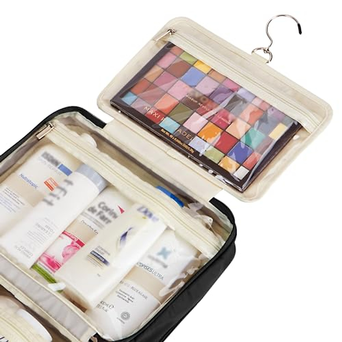 FINDCOZY Extra Large Toiletry Bag with Hanging Hook, Travel Makeup Case for Women, Cosmetic Organizer for Toiletries, Full-Sized Bottles, Beauty, Black