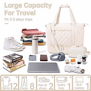 Lororado Travel Tote Bags for Women, 3 pcs Set Expandable Travel Duffel Bag with Toiletry Bag & Neck Pillow, Carry on Overnight Bag, Weekender Bag with Shoe Compartment, Gym Hospital Bag(Large-Beige)