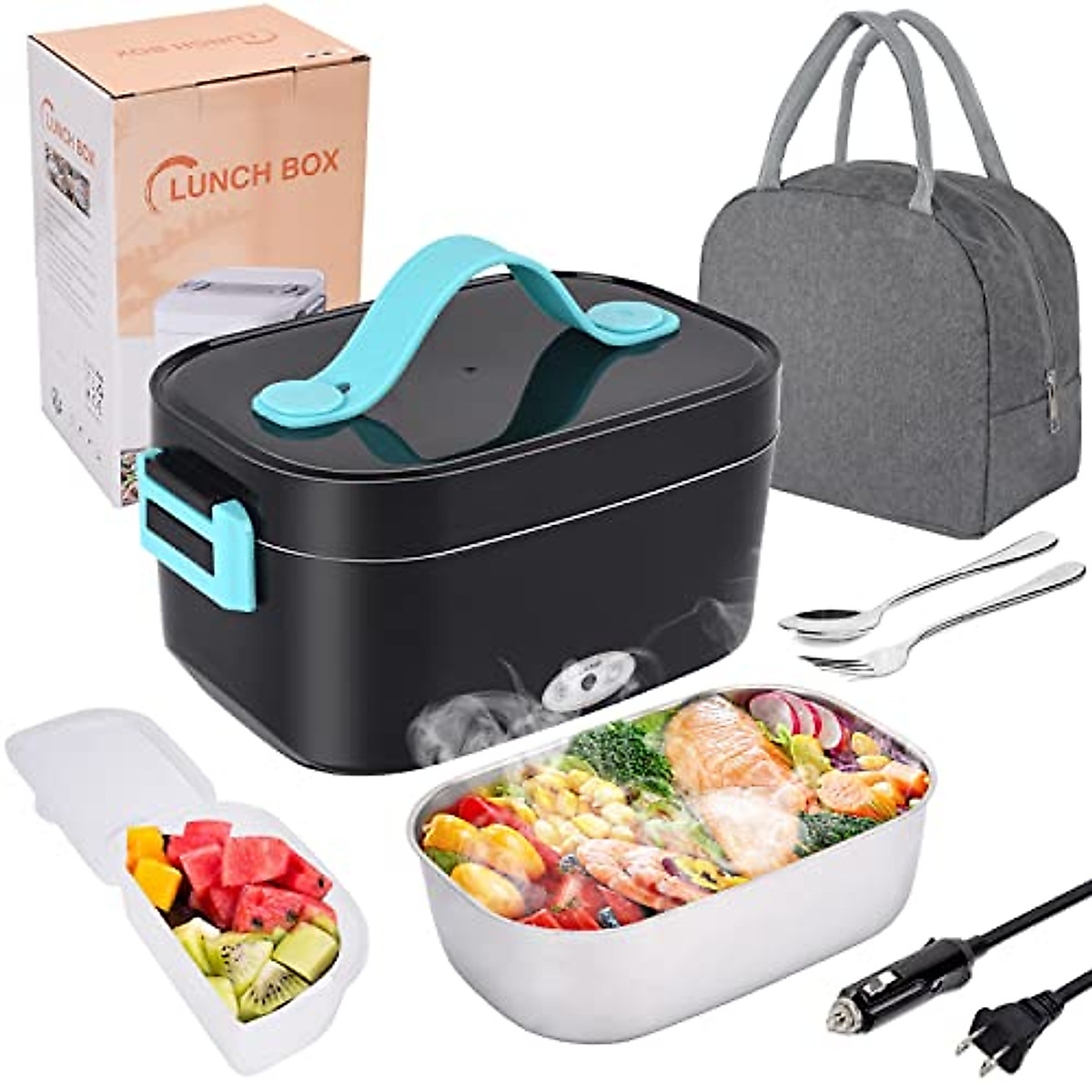 Xflyee 75W Electric Lunch Box Food Heater, 12V/110V Upgraded Leakproof Heating Lunch Box for Work/Car/Truck/Office with 1.5L Removable Stainless Steel Container, Fork & Spoon and Insulated Carry Bag