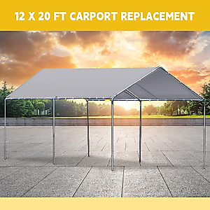 Wesnoy 12 x 20 ft Heavy Duty Canopy Replacement Cover Waterproof Carport Canopy Cover Garage Car Shelter Tarp Tent for Car Canopy with 50 Ball Bungees, Only Top Cover, Frame is Not Included
