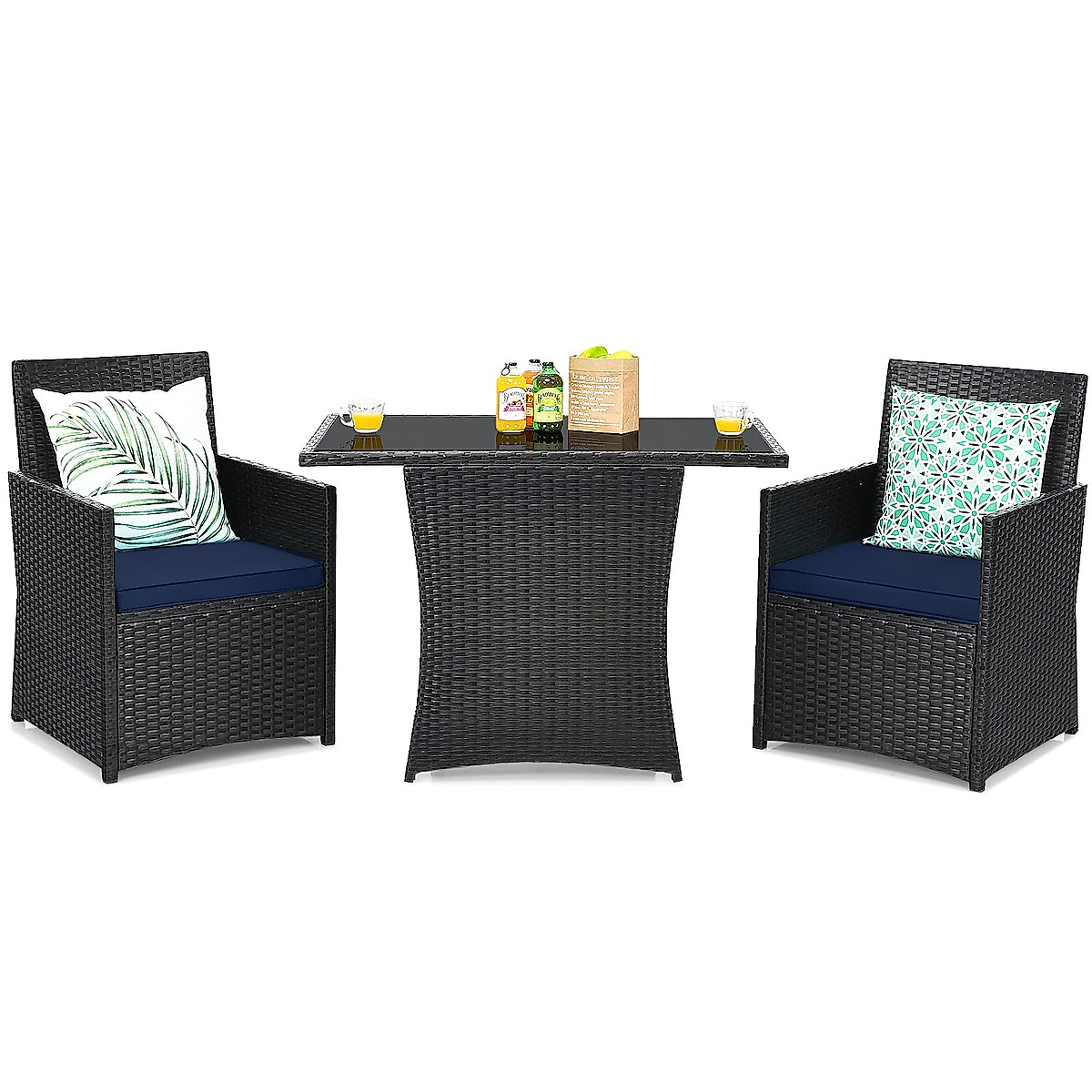 Tangkula 3 Pieces Patio Dining Set, Space-Saving PE Rattan Bistro Set with Tempered Glass Top Table and Cushioned Chairs, Outdoor Conversation Set for Garden Backyard Poolside Porch (Blue)
