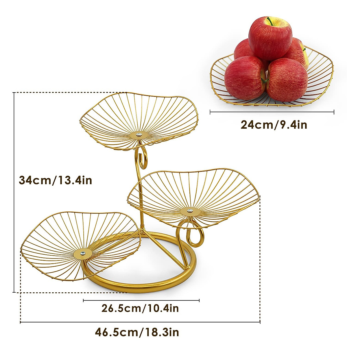 BUDO Metal Fruit Basket, 3-Tier Decorative Fruit Bowl, Wire Vegetables Snacks Metal Bowl Storage Trays Table Countertop, Modern Veggie Holder Stand for Home Kitchen Centerpiece, Gold