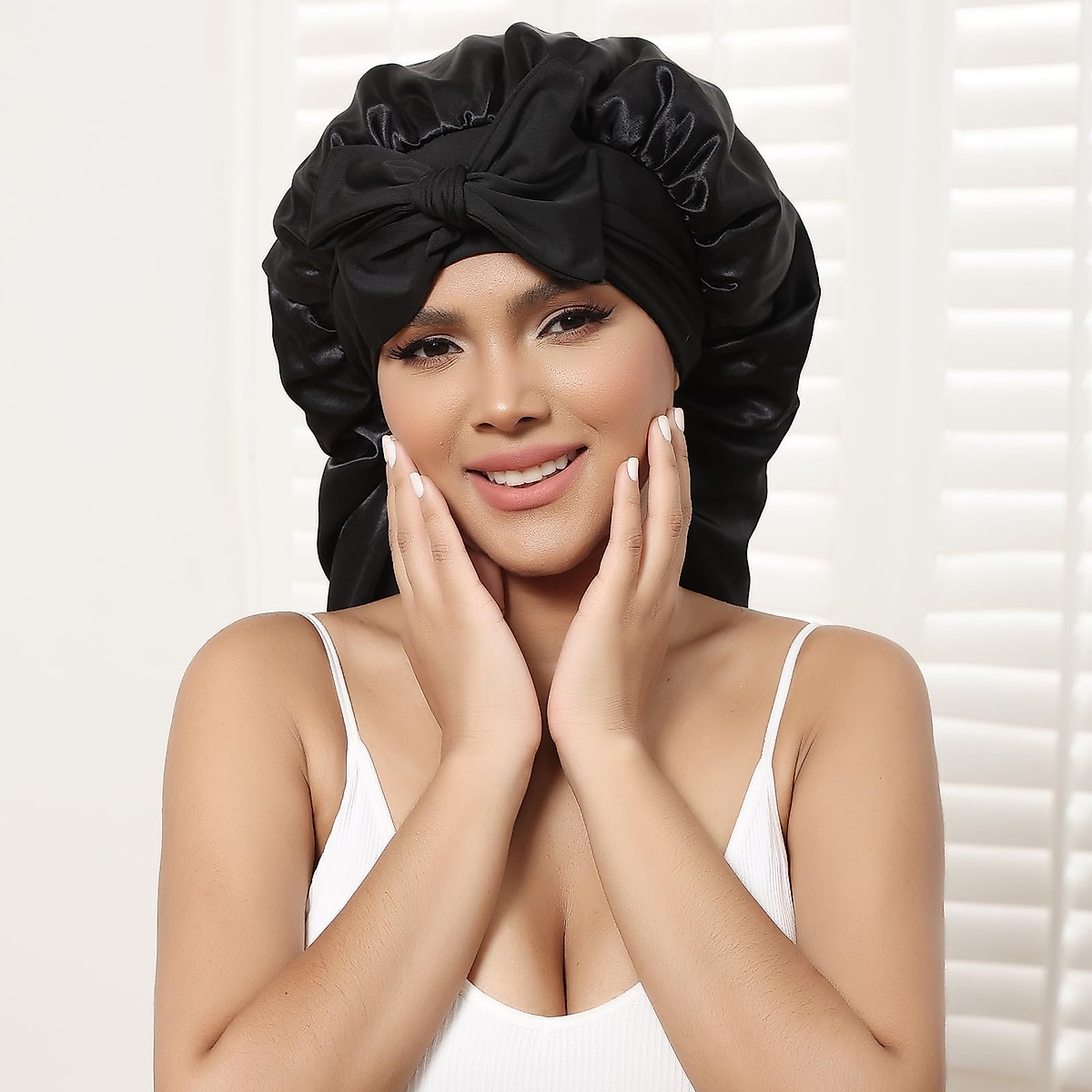AWAYTR Long Satin Bonnet for Women - Double Layer Elastic Silk Bonnet for Braids Hair Sleeping Cap with Tie Band (Black)