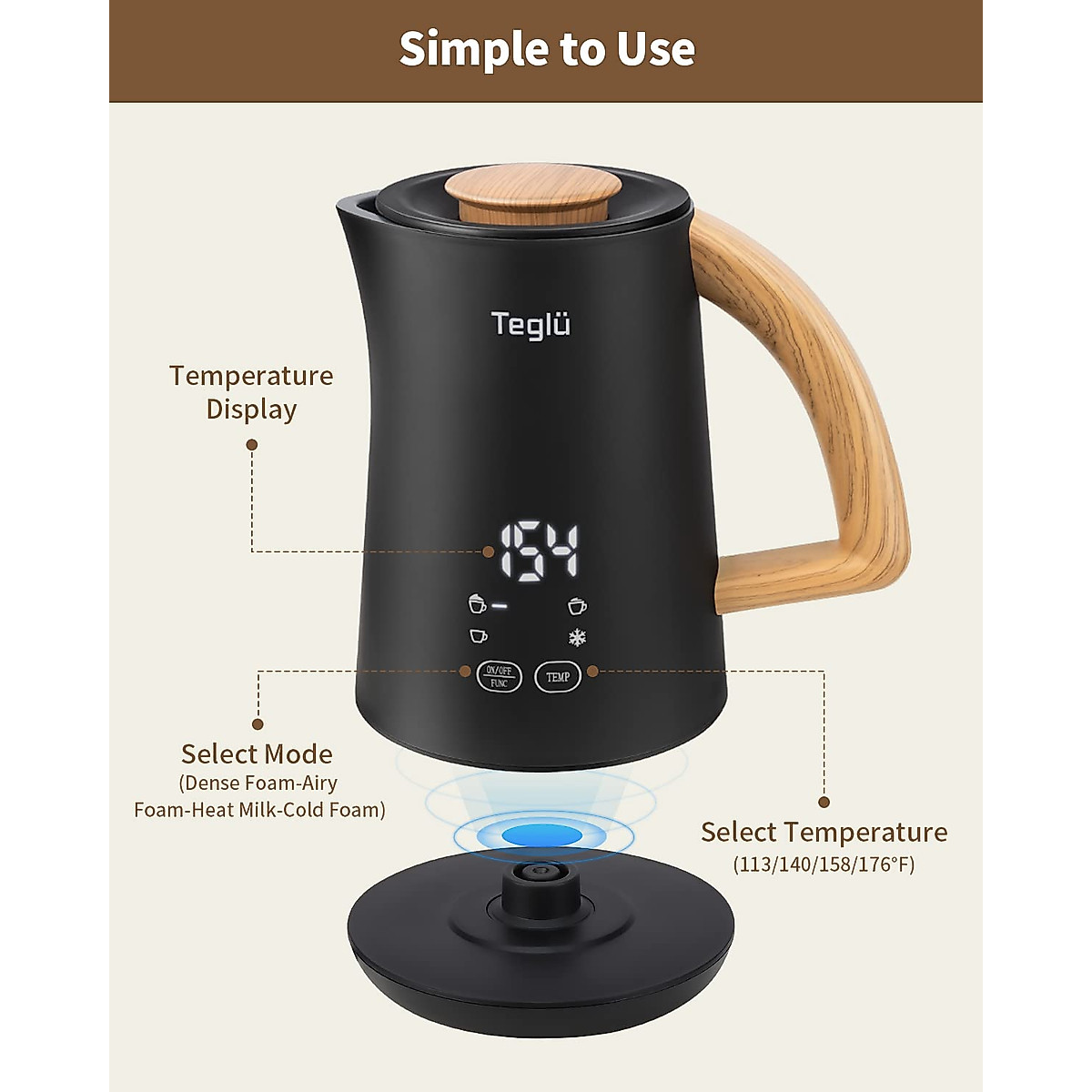 Teglu Milk Frother and Steamer Electric, Hot & Cold Foam Maker 17oz with LED Dispaly, Milk Warmer and Frother for Latte/Cappuccino/Macchiato, Instant Milk Frother Auto-off
