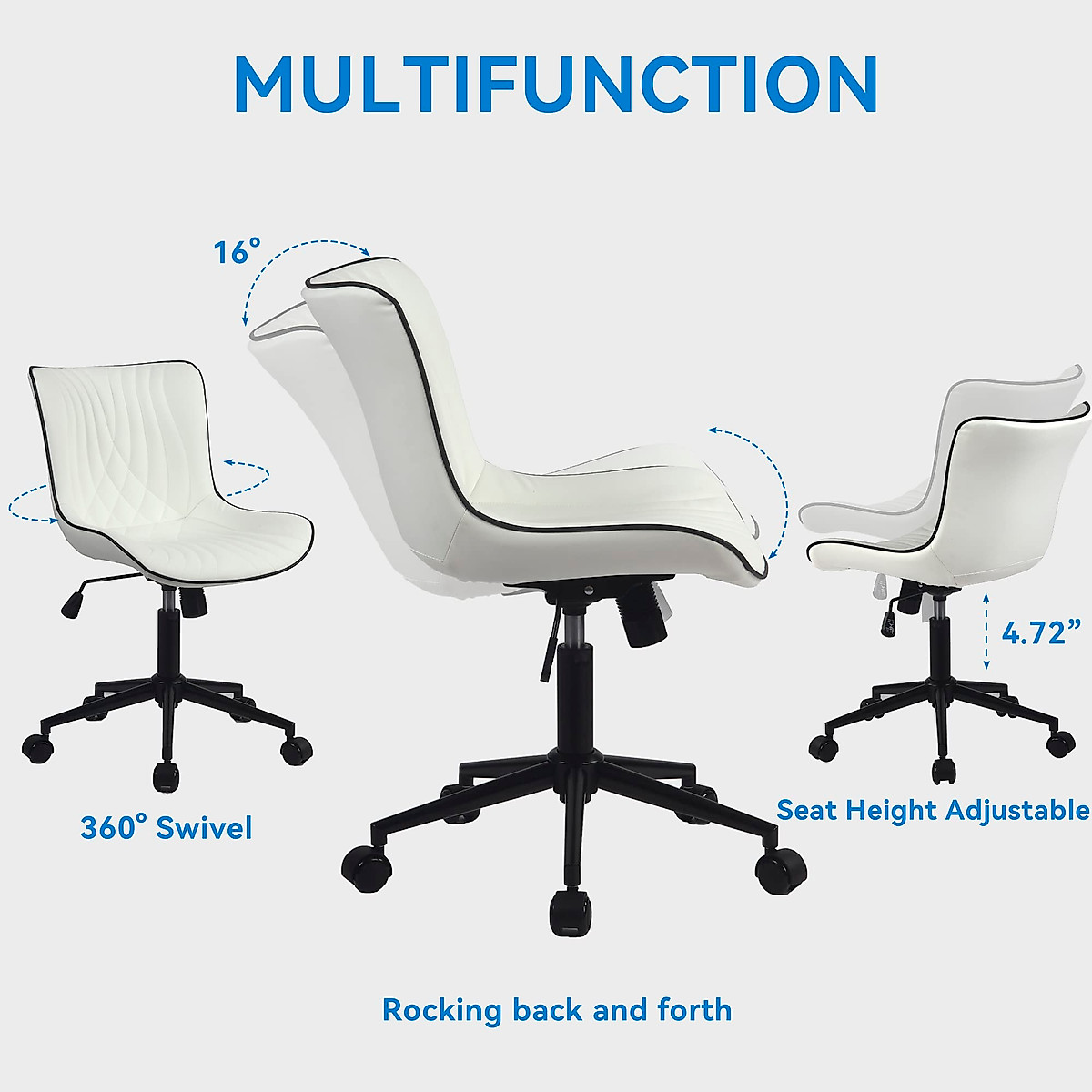 YOUNIKE Office Chair, Armless Desk Chair with Wheels, Home Office Computer Task Chairs, Modern Faux Leather Upholstered Vanity Chair, Adjustable Swivel Rocking Office Chair with Back, White