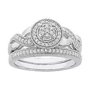 .925 Sterling Silver 1/4 Cttw Diamond Cluster Halo Milgrain Eternity Engagement Ring & Wedding Band Bridal Set (H-I Color, I1-I2 Clarity) - SIze 8