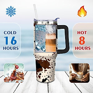 thmasamwr Cow Print Tumbler with Lid and Straw, Stainless Steel 40oz Tumbler with Handle, Cow Print Travel Coffee Mug Water Bottle, Highland Cow Gifts Cups for Women and Girls