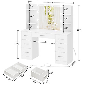 FIONESO Large Makeup Vanity, 43.3" Vanity Desk with Mirror and Lights, Makeup Vanity Table with 7 Drawers, 4 Shelves, 5 Jewel Hooks & Power Strip, Vanity Desk Set for Bedroom, White