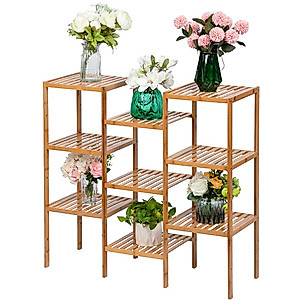 9-Tier Bamboo Bathroom Shelf, Customizable Shelving Unit, Multifunctional Storage Rack, Floor Standing Shelving Unit, Bathroom Shelves Organizer, Wood Corner Rack, for Kitchen, Livingroom, Bedroom