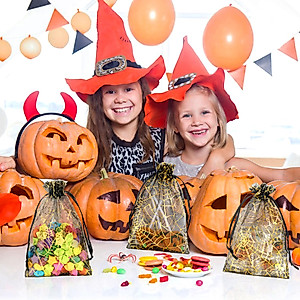 G2PLUS Halloween Organza Drawstring Bags, 50PCS Halloween Organza Bags 4x6, Sheer Organza Pouches, Trick or Treat Candy Goodies Bags, Spiderwebs Organza Bags for Halloween Party Favors (Black)
