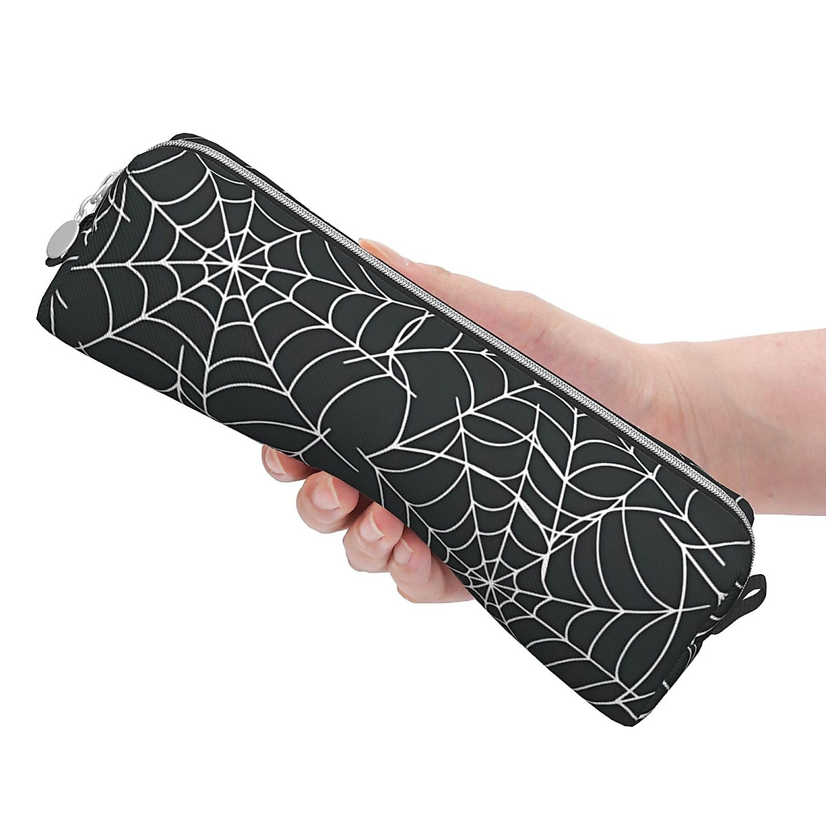 QLIEERE Halloween Spider Black And White Spiderweb Pencil Case Pouch Pen Holder Leather Pencil Bags Box Organizer Zipper Cosmetic Makeup Storage Bag
