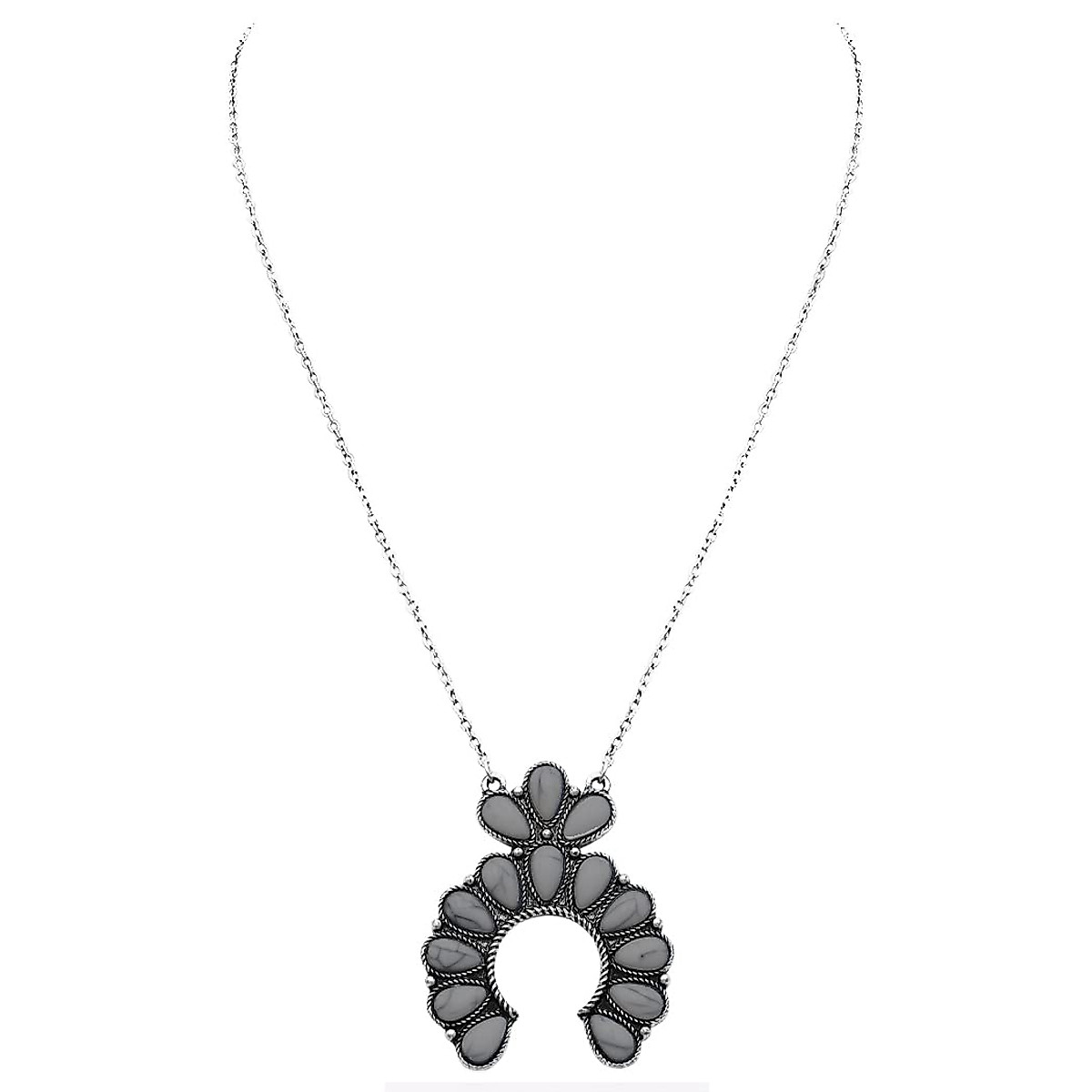 Rosemarie & Jubalee Women's Western Style Semi Precious Howlite Stone Squash Blossom Pendant Necklace, 15+3" Extender (Natural White Howlite Silver Tone)