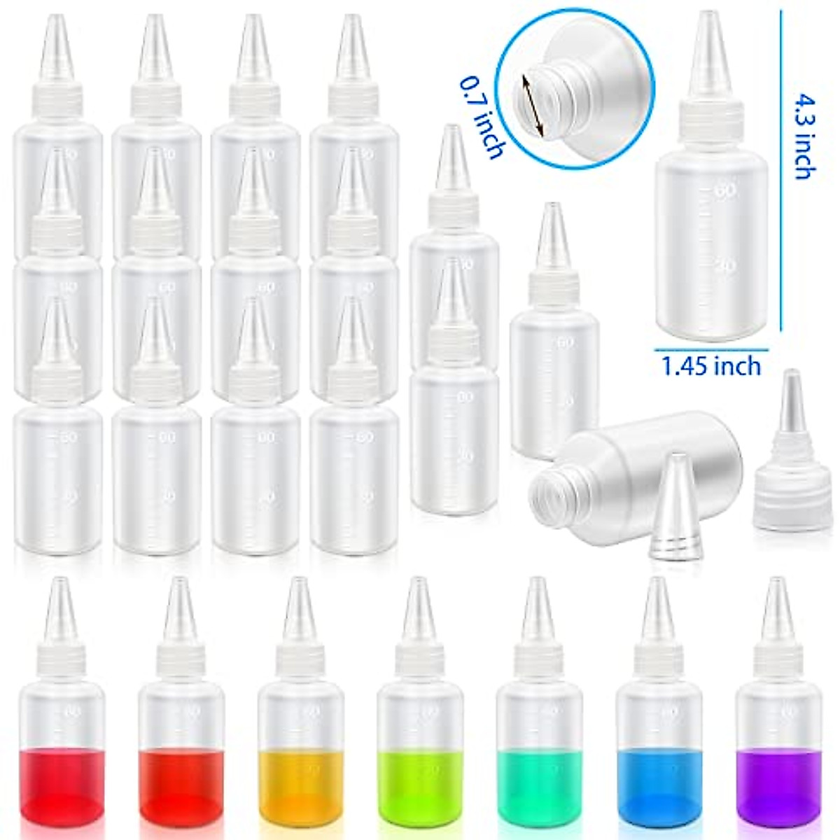 Heatoe 20 Pack 2oz Squeeze Bottles,Plastic Mini Empty Squirt Bottle with Attachable Cap Lids,Nice for Crafts,Art,Glue,Multi-Purposes Set and More