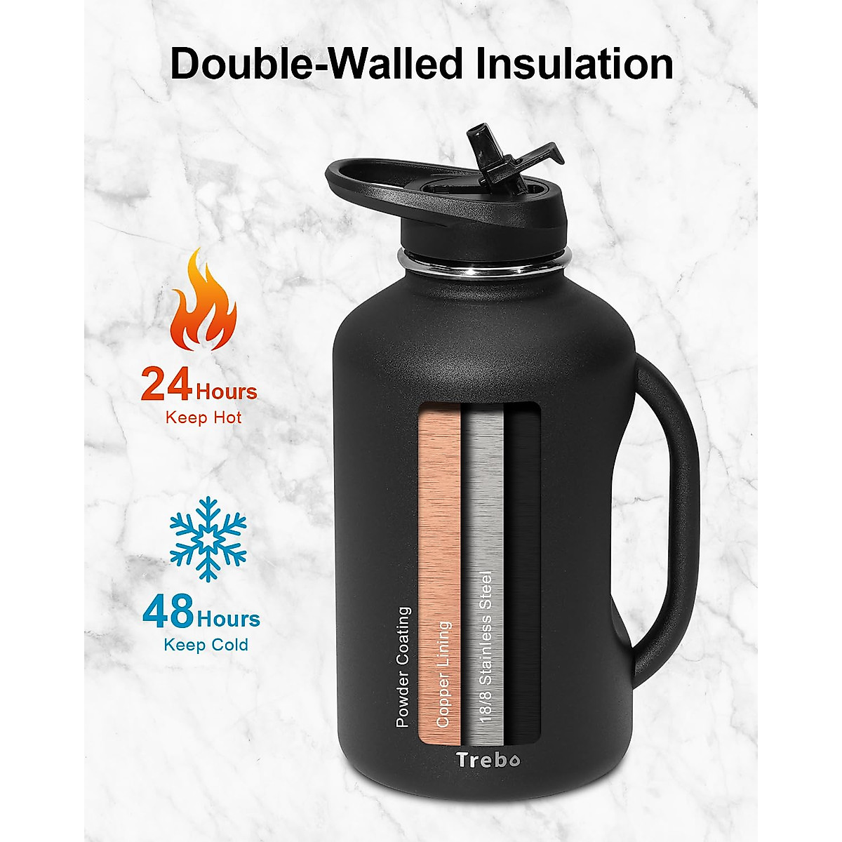 Trebo Half Gallon Water Bottle 64oz with Handle,Double Wall Vacuum Insulated Large Water Jug,Stainless Steel Water Bottle Flask,Wide Mouth Water Bottles with Straw Spout Lids Strap,Black