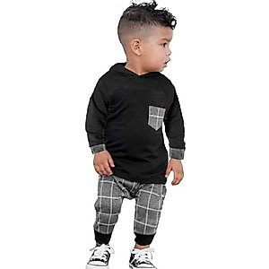 CM C&M WODRO Toddler Infant Baby Boy Fall Clothes Newborn Boy Outfits Plaid Long Sleeve Hoodie Sweatshirt Tops Winter Long Pants Sets (Black+Plaid, 3-4T)