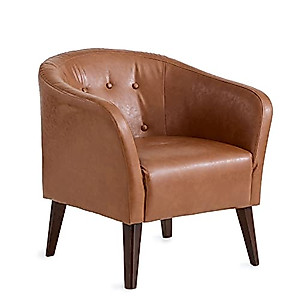 Edenbrook Collins Button Tufted Barrel Wood Legs – Upholstered Tub Chair for Living Room, Camel Faux Leather
