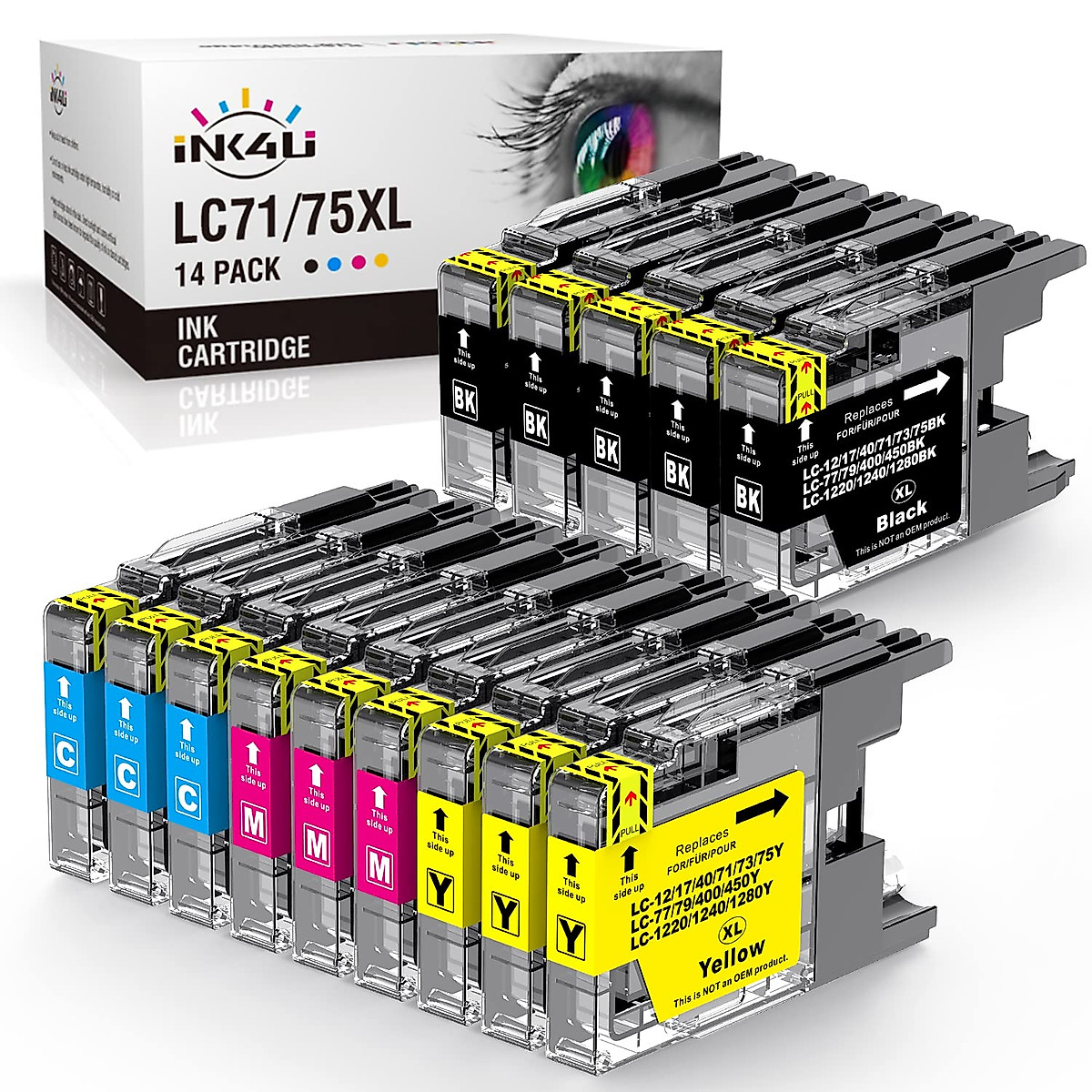 INK4U Compatible LC75 Ink Cartridges Replacement for Brother LC75 LC71 LC79 XL for MFC-J6510DW MFC-J6710DW MFC-J6910DW MFC-J280W MFC-J425W MFC-J430W Printer(5 Black,3 Cyan,3 Magenta,3 Yellow,14 Pack)
