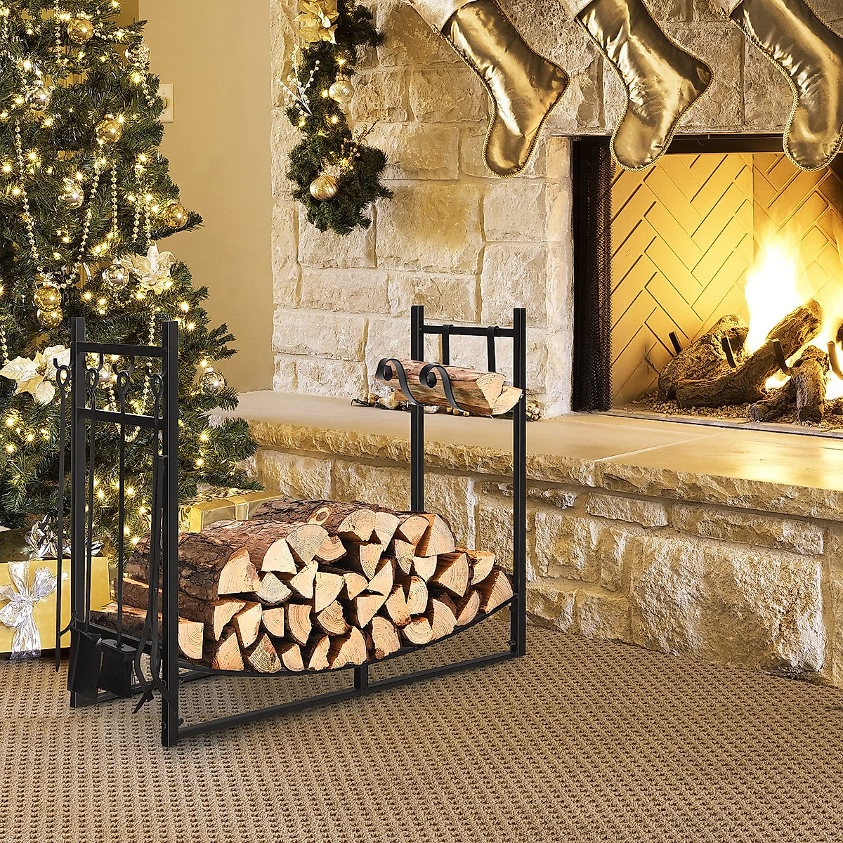 Goplus Firewood Rack with Tool Set, 36” Fireplace Log Holder W/Kindling Holders, Shovel, Poker, Tongs, Brush, Indoor & Outdoor Wood Stacker Lumbar Storage Organizer for Wood Stove, Fireside, Fire Pit