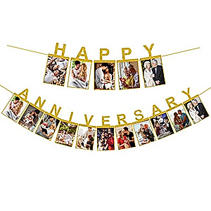Happy Anniversary Photo Banner Backdrop Decorations - Gold Wedding Anniversary Pictures Banner Party Supplies - Happy Wedding Anniversary Hanging Photo Décor Props Sign