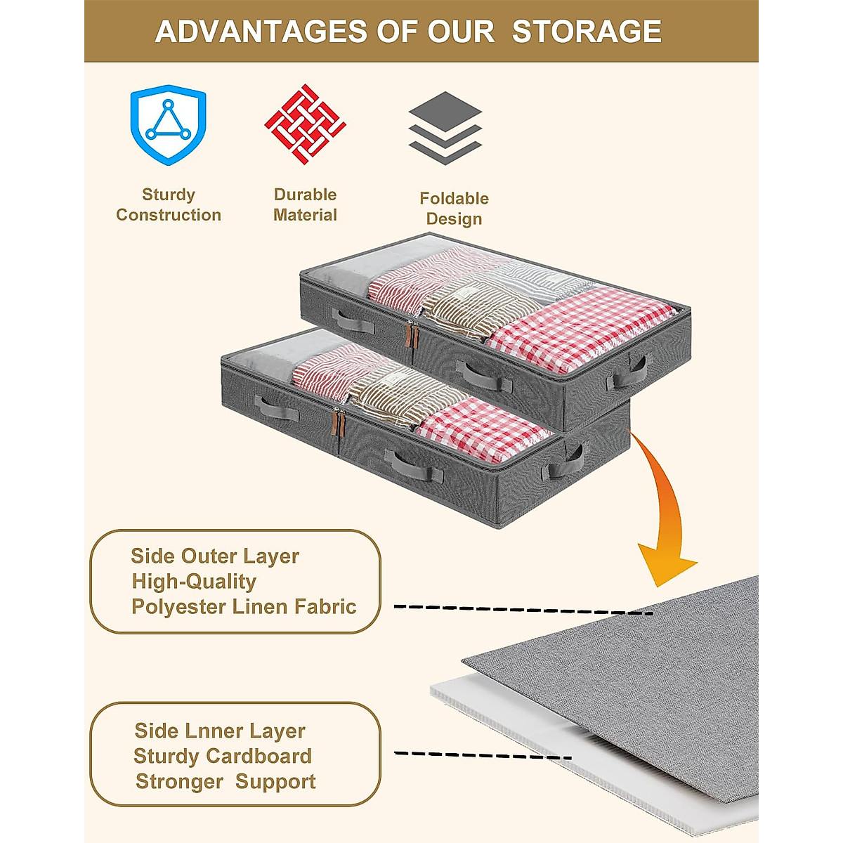 NEATJELAI 2-Pack Under Bed Storage Containers,4.7 Inches Low Profile Underbed Storage Organizer Bin Foldable with Sturdy Sidewalls/Bottom/4 Handles for Clothes Blanket Pillows Shoes,Gray