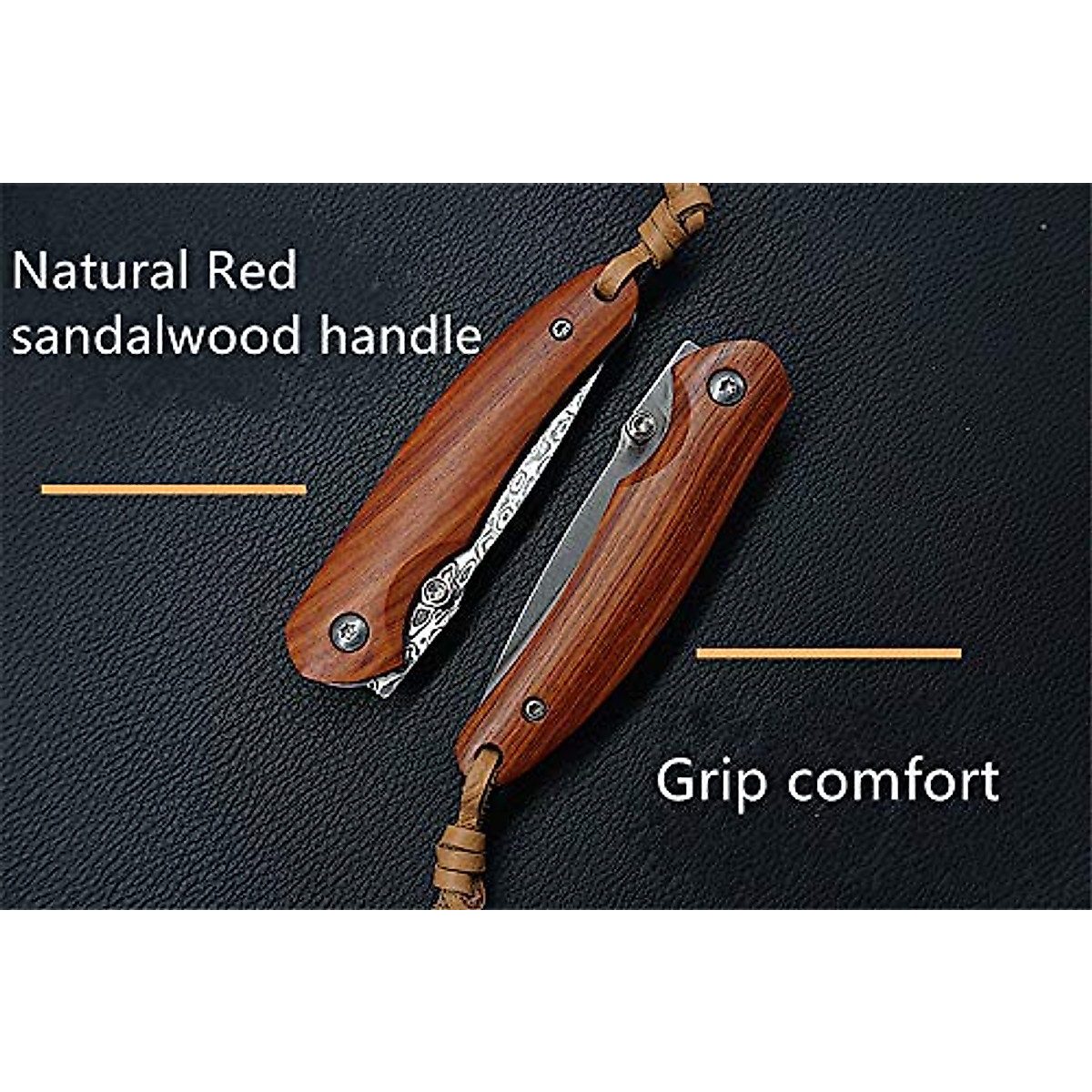 KUNSON Folding Pocket Knife 2.6” Damascus Steel Blade and Natural Classic Red Sandalwood Handle Design, Outdoor EDC Portable Carry Keychain Knife