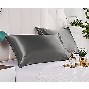 Satin Silk Pillowcases for Hair and Skin 2 Pack Standard Size Pillow Cases Wrinkle Resistant Ultra Soft Pillow Covers with Envelope Closure(Dark Grey, 20”X26”)
