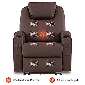 MCombo Electric Power Recliner Chair with Heat and Vibration, Footrest Extended, USB Charge Ports, 2 Side Pockets and Cup Holders, Faux Leather 7050 (Light Brown)