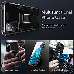 HATOSHI Samsung Galaxy S20 FE 5G Case with 2 Pack Glass Screen Protector+ 2 Pack Camera Lens Protector, [Military Shockproof] Magnetic Ring Kickstand Protective Phone Cover for Samsung S20 FE, Black