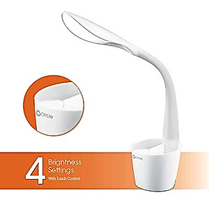 OttLite LED Desk Space Organizer Lamp, White – 4 Brightness Levels, Touch Activated Controls, Flexible Neck Height, Storage for Desk Supplies, For Reading, Crafting & Sewing