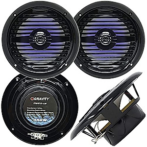 Gravity Marine Speakers - 6.5 Inch 2 Way Waterproof and Weather Resistant Outdoor Audio Stereo Sound System with LED Lights, 350 Watt Power and Low Profile Slim Style - 1 Pair - MG670 (Black)