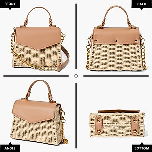 Like Dreams Fashion Chic Woven Straw Crossbody for Women Gold Chain Link Inner Plaid Fashion Summer Purse (Taupe)