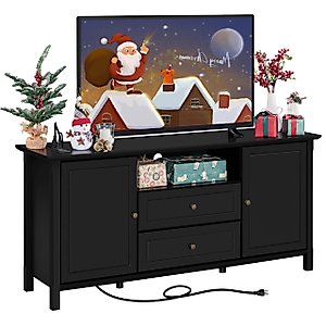 Yaheetech Black TV Stand with Drawers for TVs up to 65 Inch, Media Entertainment Center with Power Outlet & Storage Space, Modern Elegant TV Console for Bedroom & Living Room