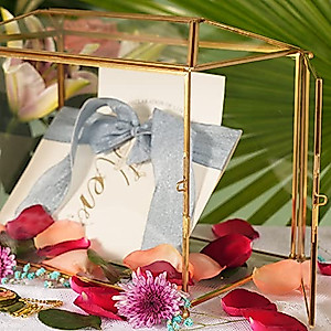 WHSLILR 10" Glass Card Box Wedding Card Box with Lock for Wedding Reception Cosmetic Home Decor, Handmade Large Geometric Terrarium with Hinged Lid, Brass Frame - (Golden/Roof)