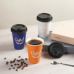 100 Pack 12 oz Disposable Coffee Cups, Insulated Ripple Double-Walled Paper Coffee Cups with Lids for Party Wedding, Cold/Hot Drinking Cups for To Go Hot Cups for Coffee, Tea, Hot Chocolate (Orange)