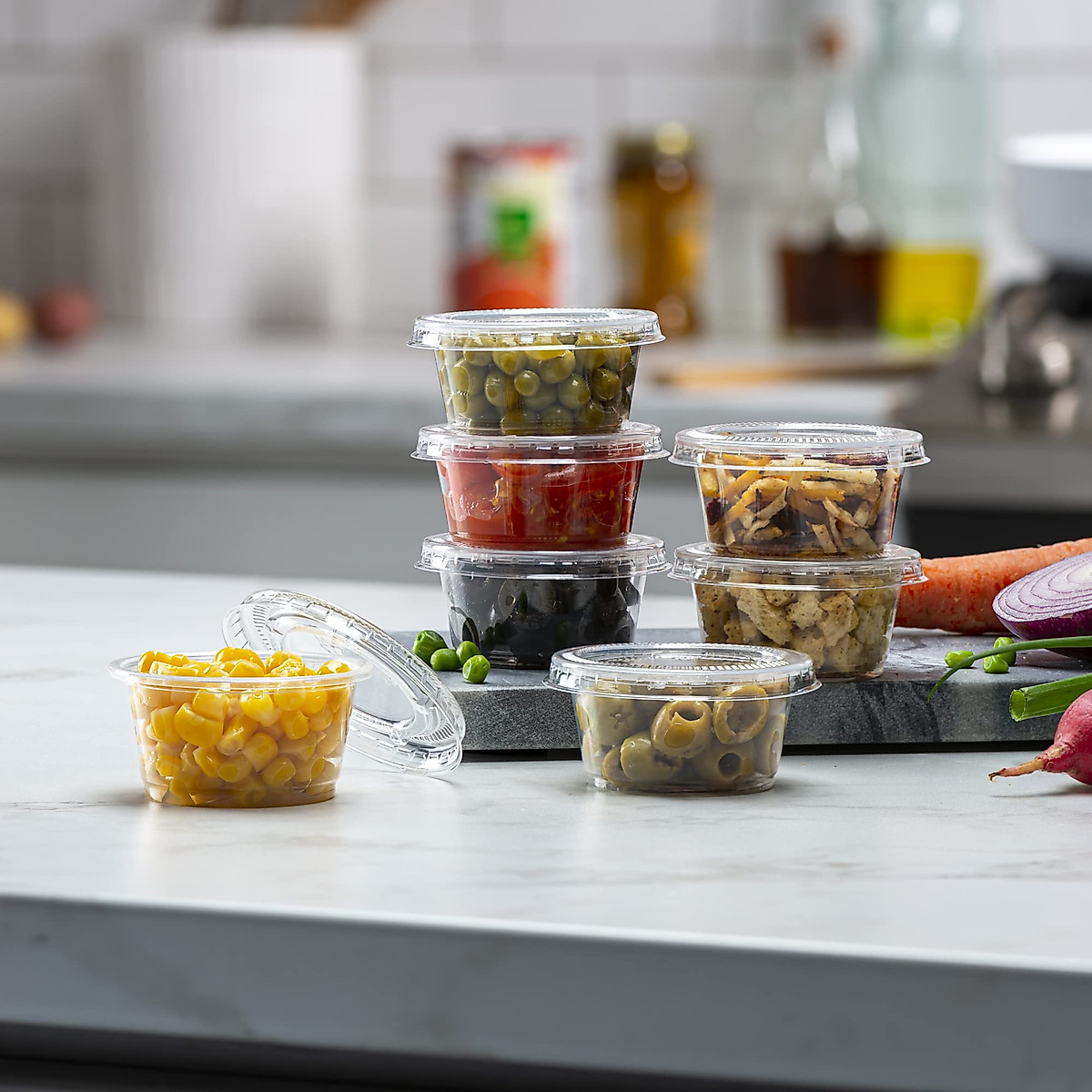 (2 oz - 100 Sets) Clear Diposable Plastic Portion Cups With Lids, Small Mini Containers For Portion Controll, Jello Shots, Meal Prep, Sauce Cups, Slime, Condiments, Medicine, Dressings, Crafts,