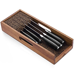 Enoking Knife Drawer Organizer Insert, In Drawer Knife Block, Acacia Wood Knife Holder with Cork Dividers For Kitchen Chef Steak Knife Storage Keep Drawer Tidy
