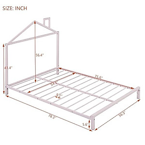 Bellemave Metal Full Bed for Kids, Girls Bed with House Shaped Headboard and Chiminey, Low Bed Frame with and Slats,Pink Bed Frame Full Size,No Box Spring Needed, Easy Assembly