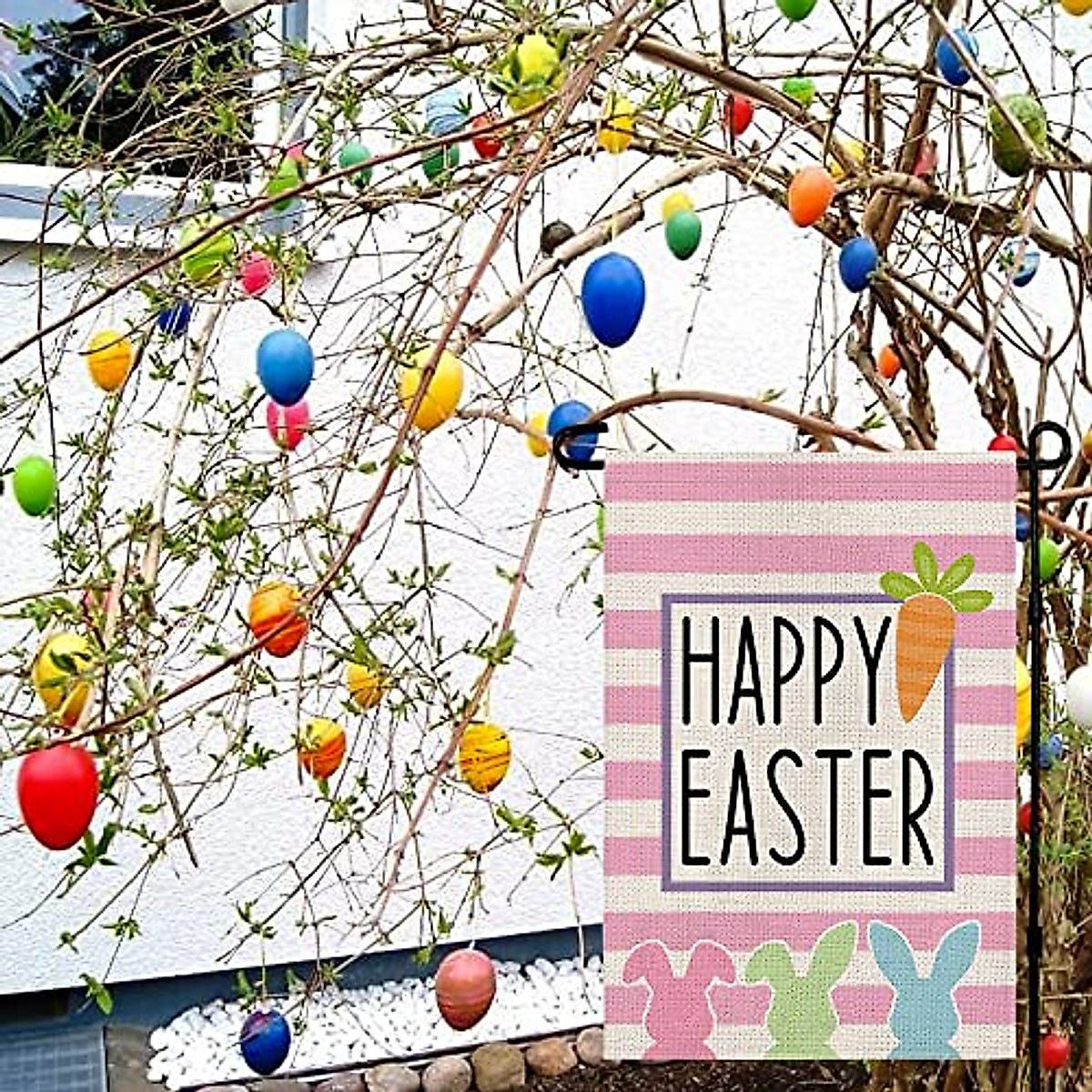Happy Easter Bunny Garden Flag Double Sided Vertical Burlap 12×18 Inch Rabbit Outdoor Yard Farmhouse Decor DF020