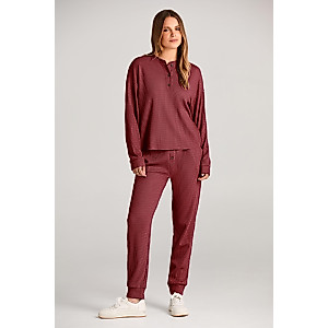 PRETTYGARDEN Women's 2 Piece Waffle Knit Lounge Outfit Long Sleeve Henley Top and Sweatpants Set Tracksuit (Wine Red,Medium)
