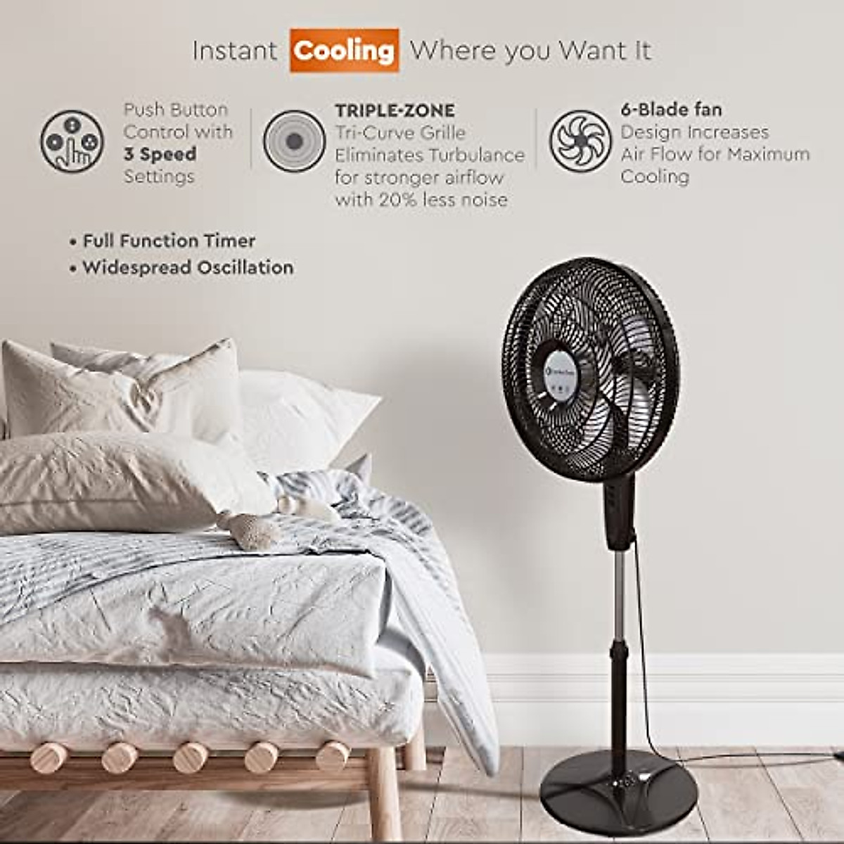 Comfort Zone PowrCurve CZST180BS 18" Stand Fan - 6 Blades, Tri-Curve Grill for Less Noise - 180° Adjustable Tilt, 3-Speed Button Control, Black/Silver