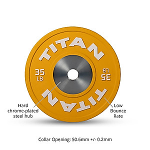 Titan Fitness 35 LB Yellow Elite Olympic Bumper Plate, Competition Weight Plates, Rubber with Steel Hub Insert, Sold Individually, For Olympic Weightlifting and Cross-Training Workouts