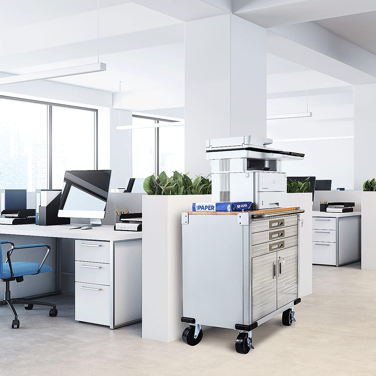 Seville Classics UltraHD Heavy Duty Rolling Cabinet Workbench Table w/Solid Wood Top Workstation for Garage, Warehouse, Office, Workshop, 28" W x 18" D x 34.5" H, 3-Drawer, Granite